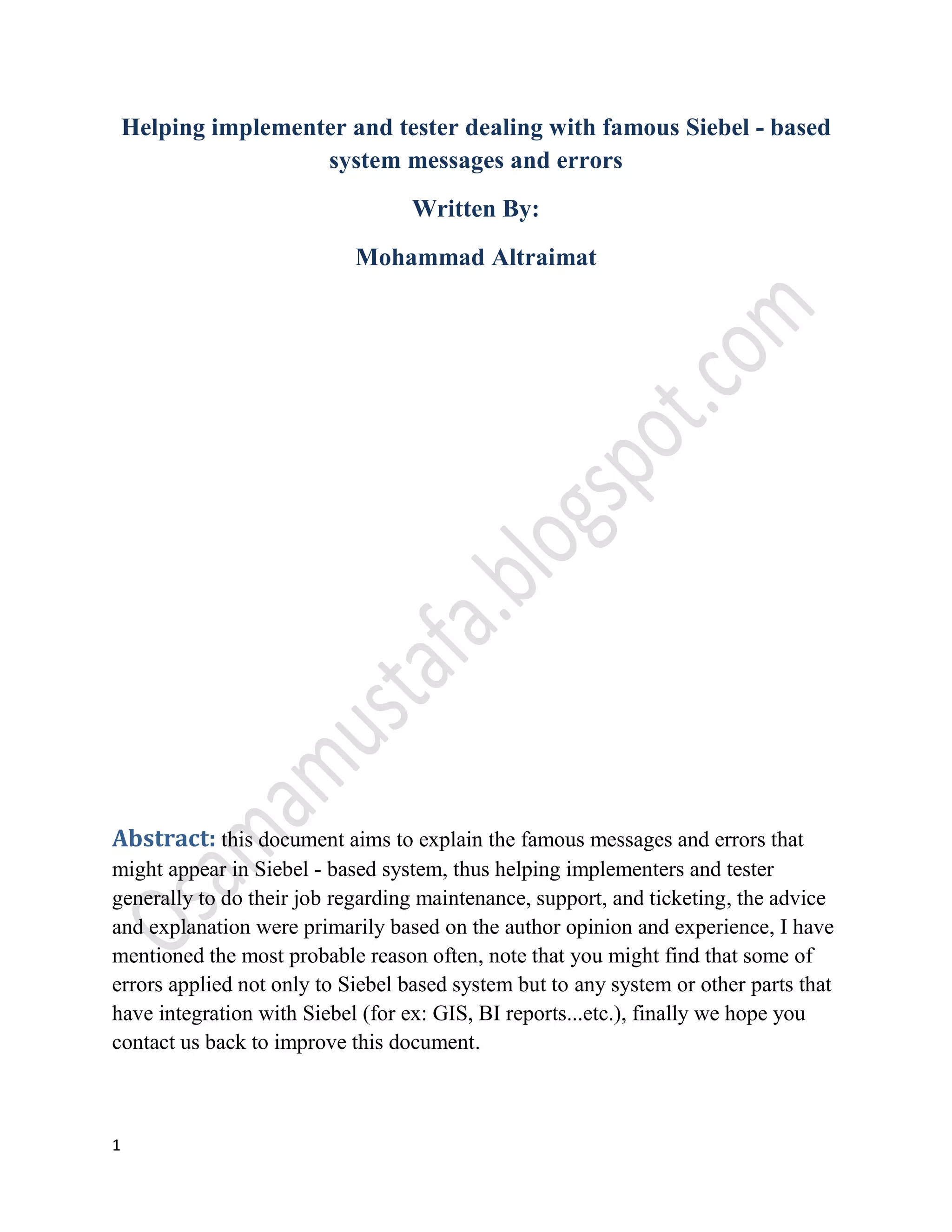 Helping implementer dealing with famous siebel based system messages and errors | PDF