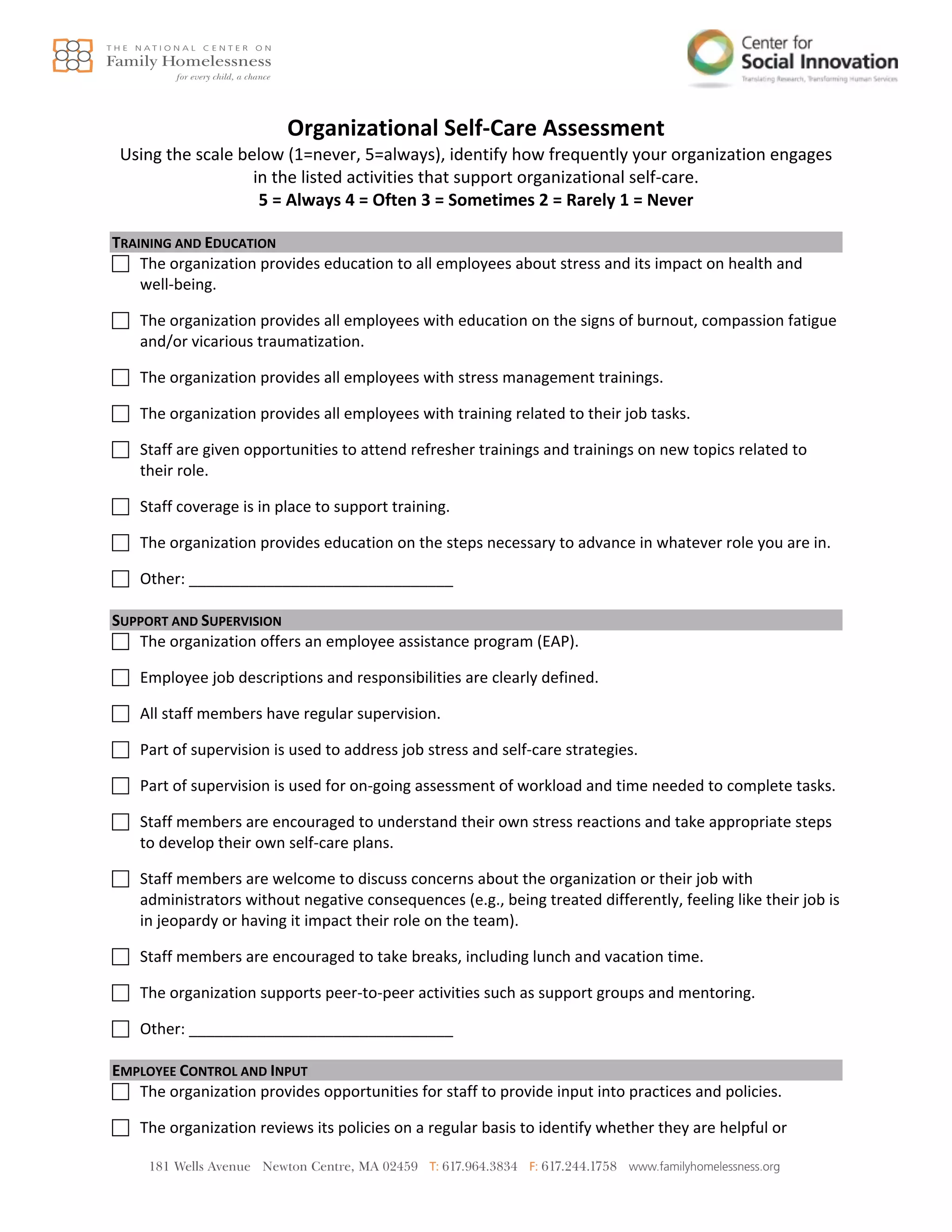 Helping the Helpers Workhop Handout Organizational Self-Care Assessment ...