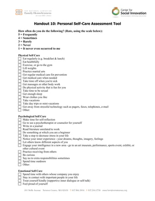 Helping the Helpers Workhop Handout Organizational Self-Care Assessment ...