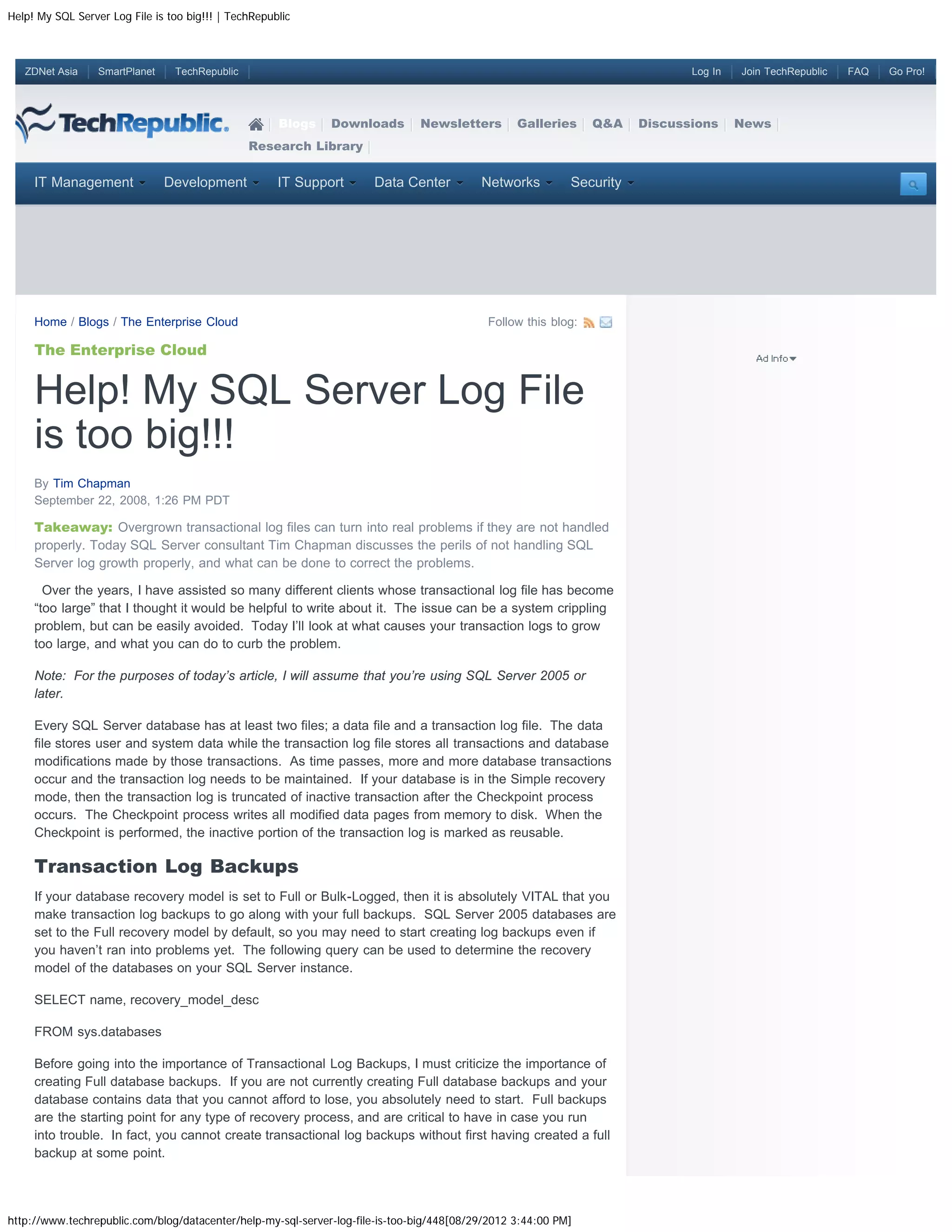 Help! my sql server log file is too big!!! tech republic | PDF