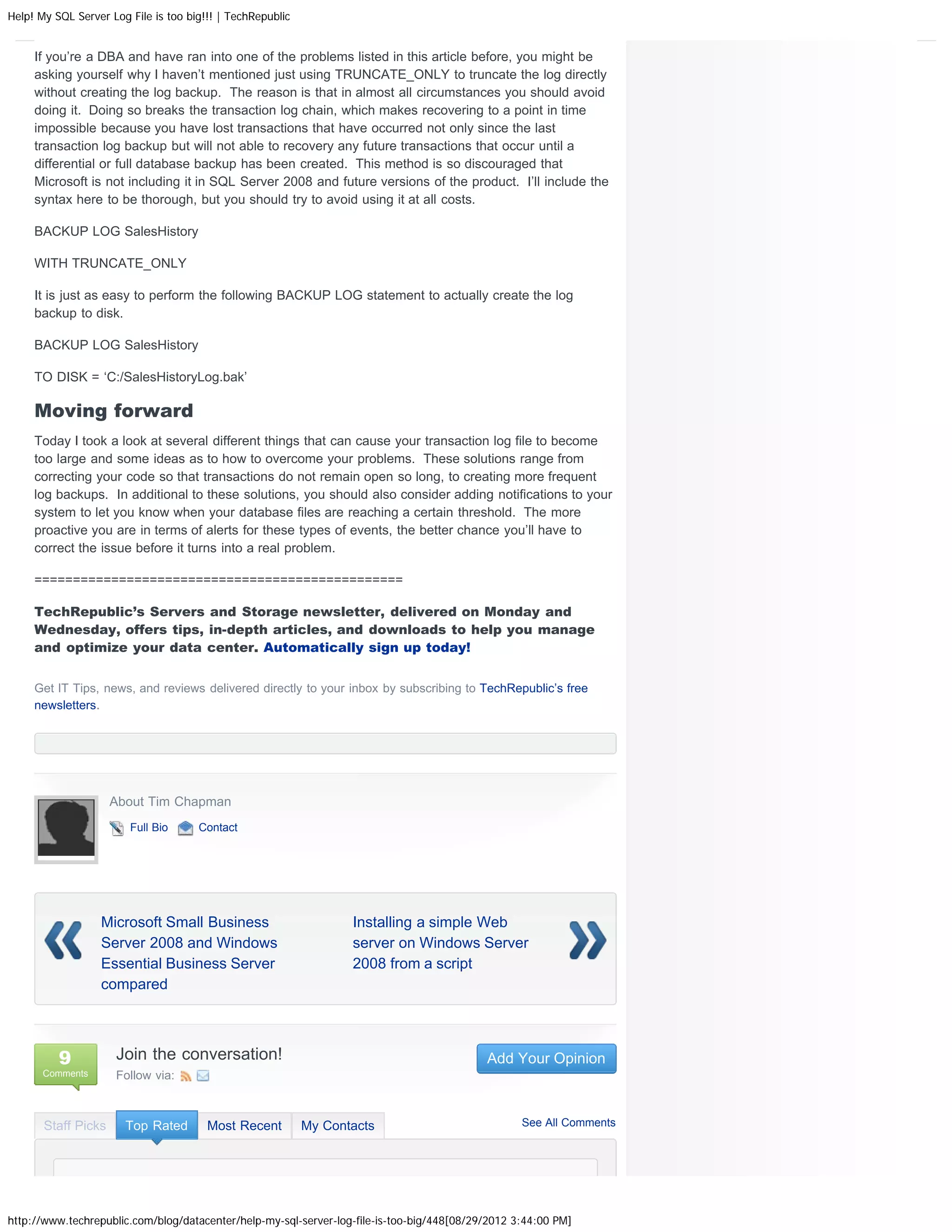 Help! my sql server log file is too big!!! tech republic | PDF