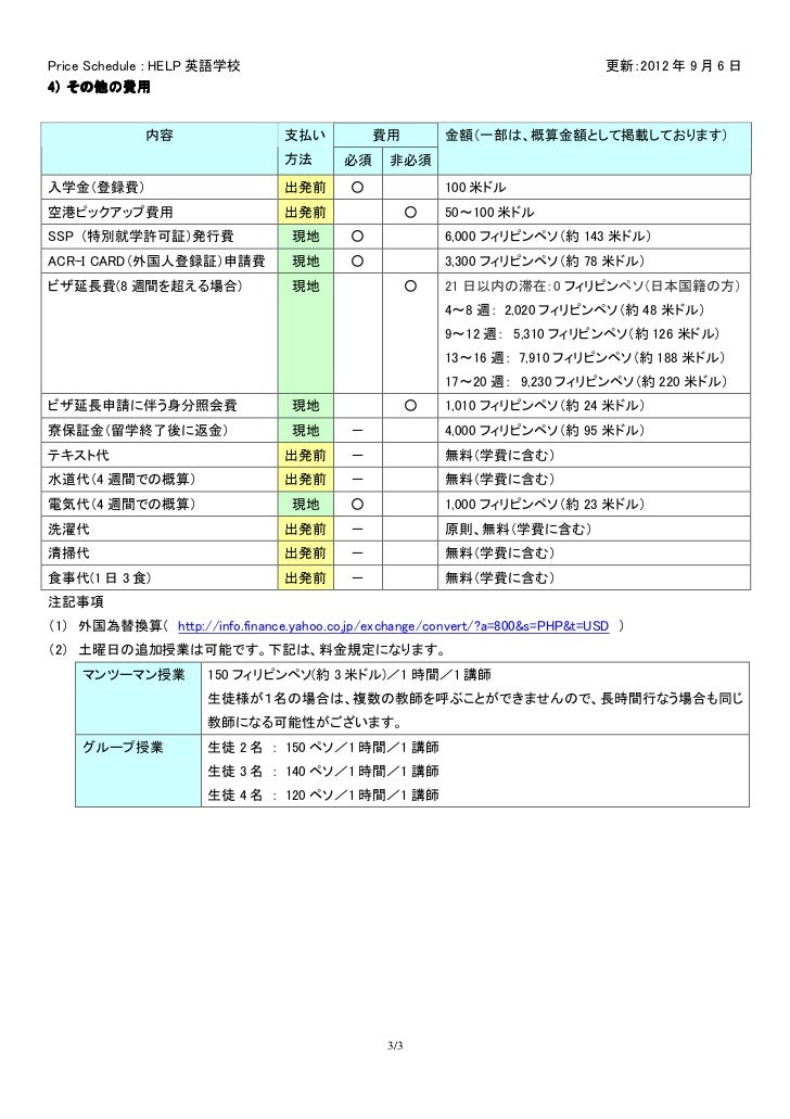 Help英語学校（HELP English Language Program, Inc.）料金表