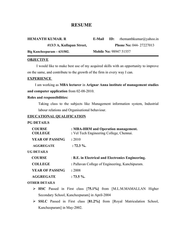 Hemanth kumar resume | PDF