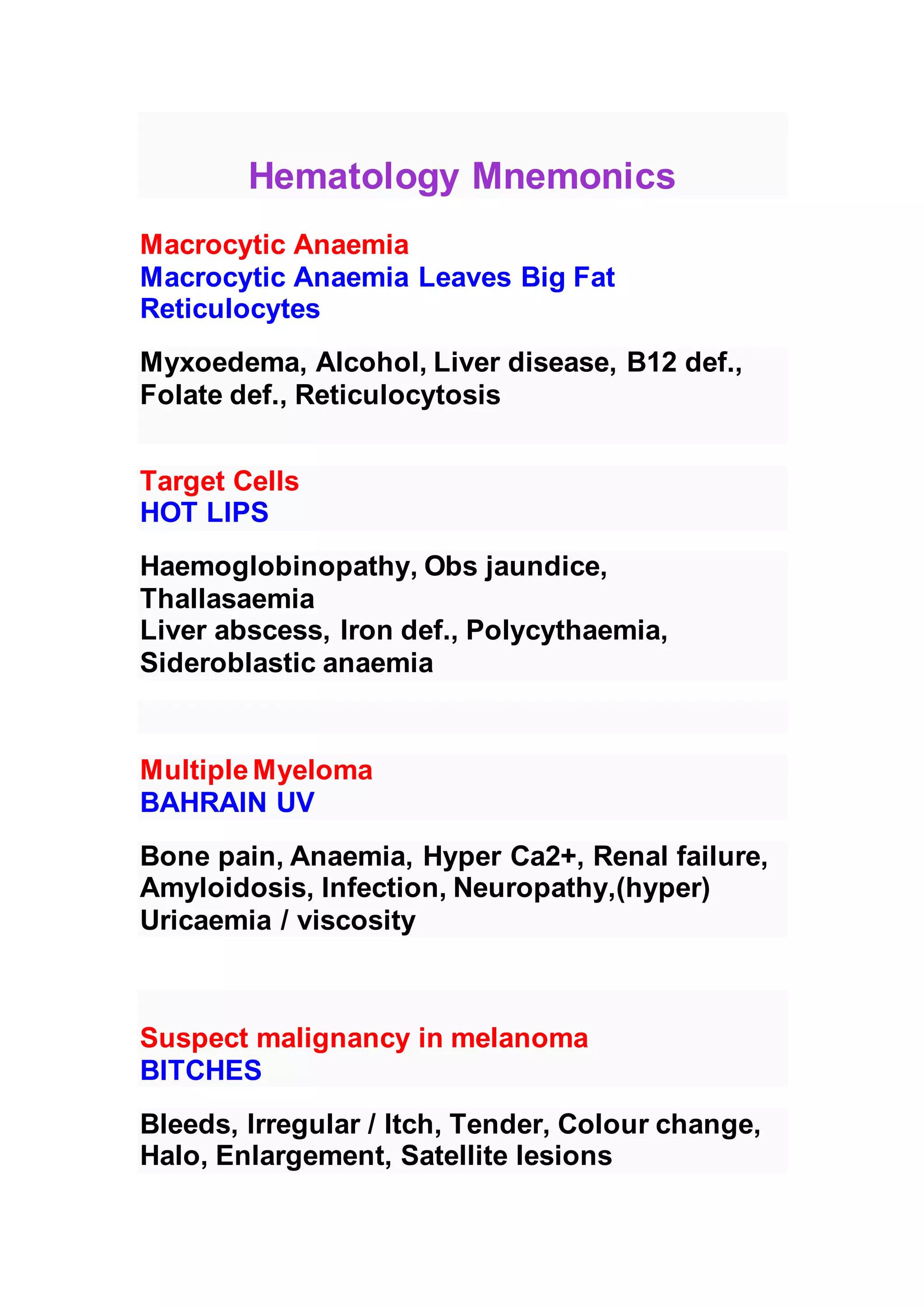 Hematology mnemonics | PDF