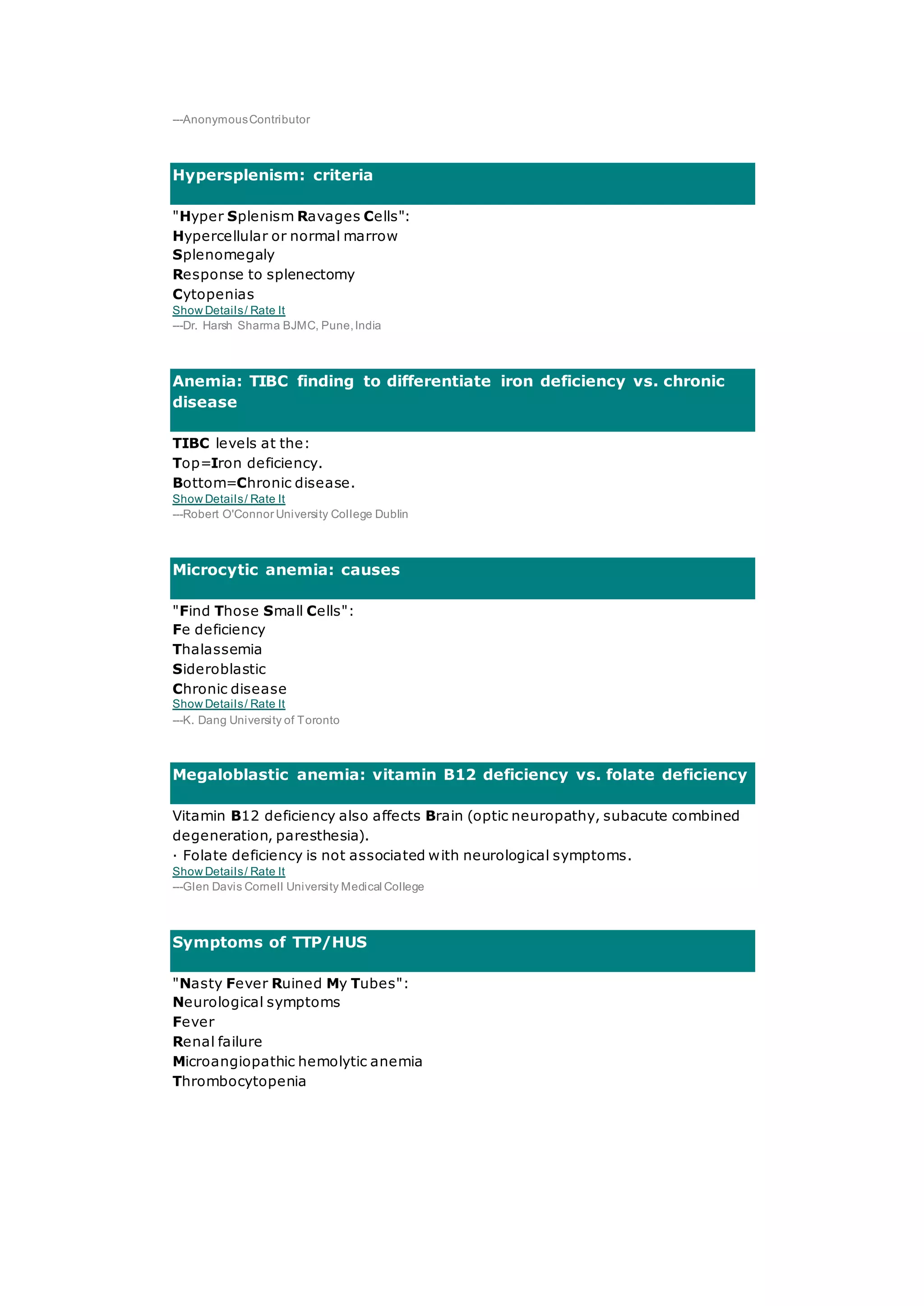 Hematology mnemonics | PDF