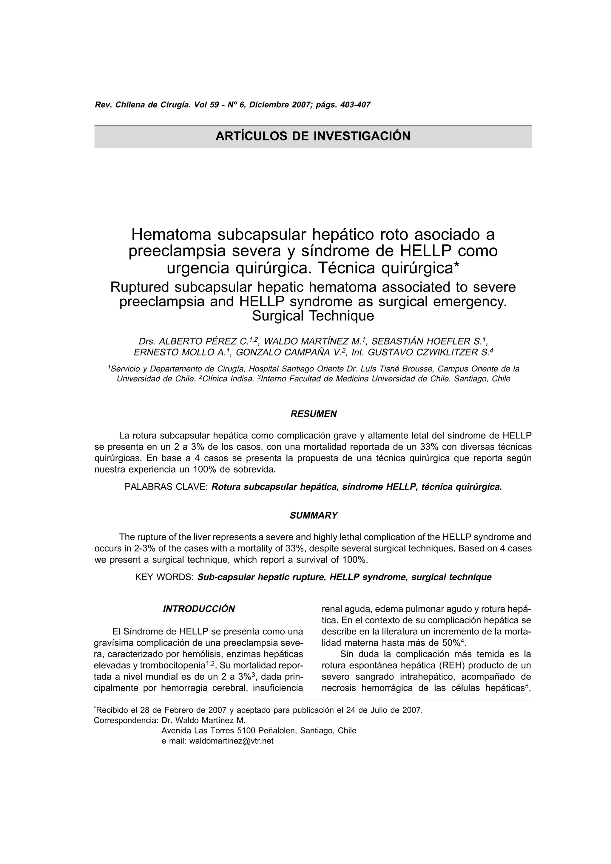 Hematoma subcapsular hepático roto asociado a preeclampsia severa y ...