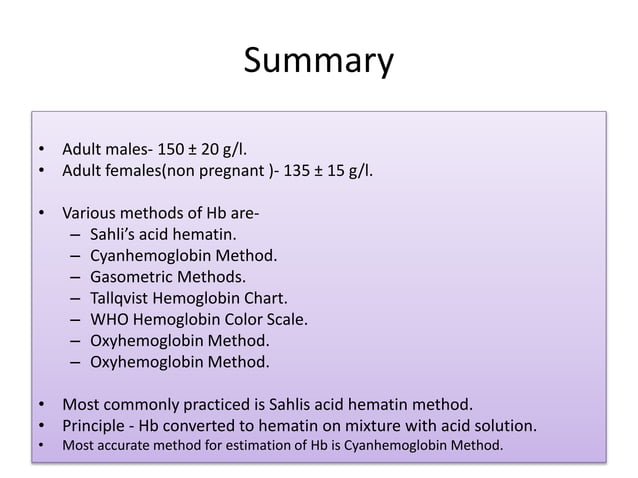 Hemoglobin estimation | PPTX | Blood Disorders | Diseases and Conditions