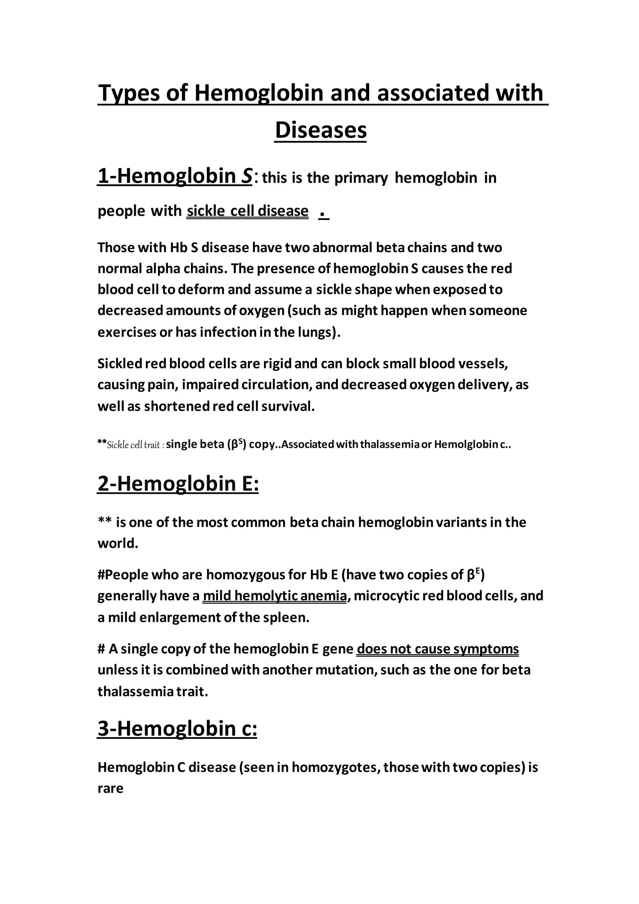 Hemoglobin types and associated diseses | DOCX