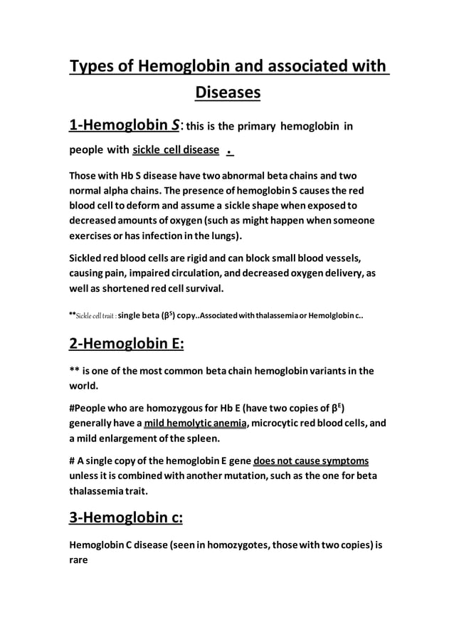 Hemoglobin types and associated diseses | PDF