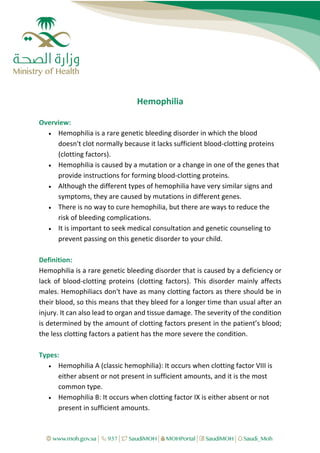 Hemophilia, types , causes and prevention | PDF