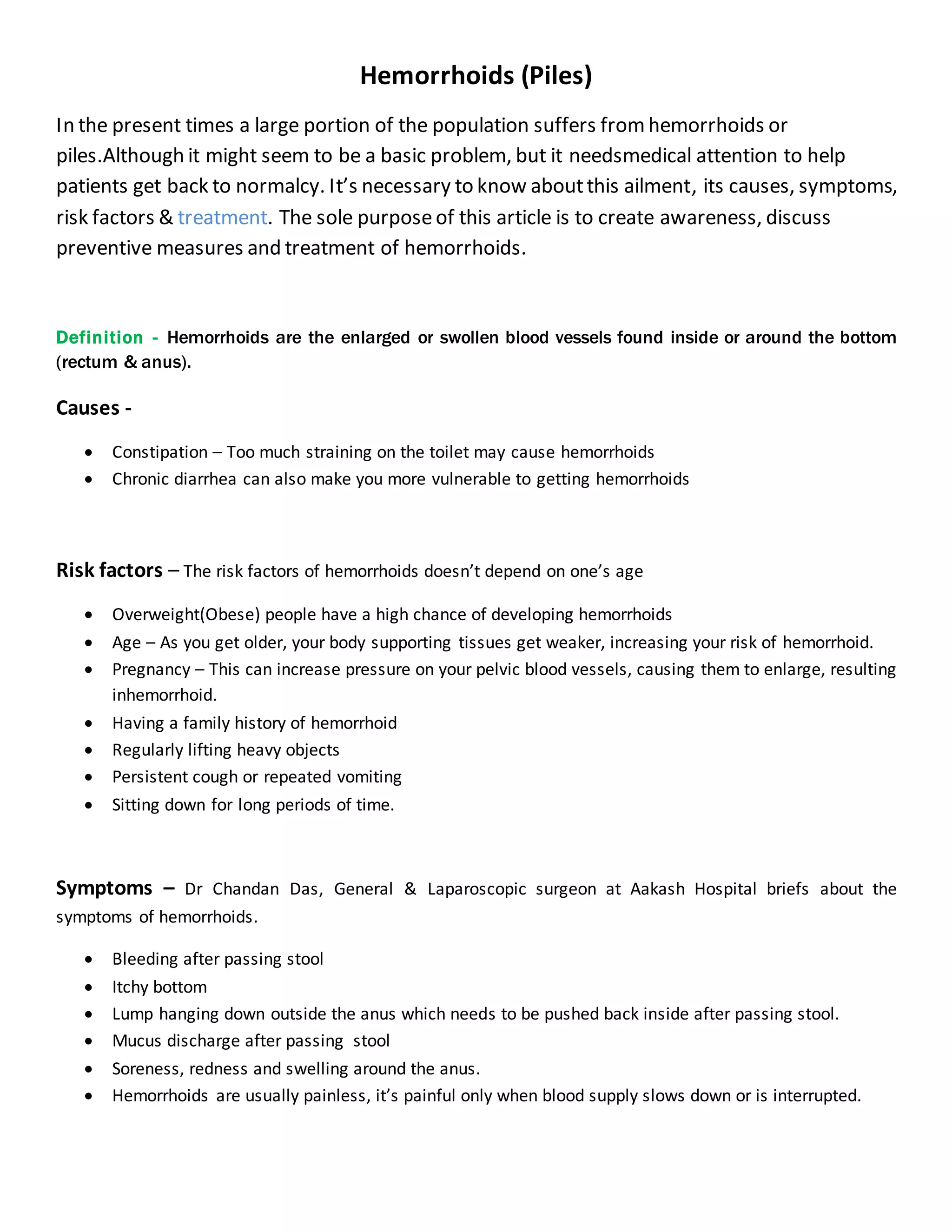 Hemorrhoids Treatment by General Surgery at Aakash Hospital | DOCX