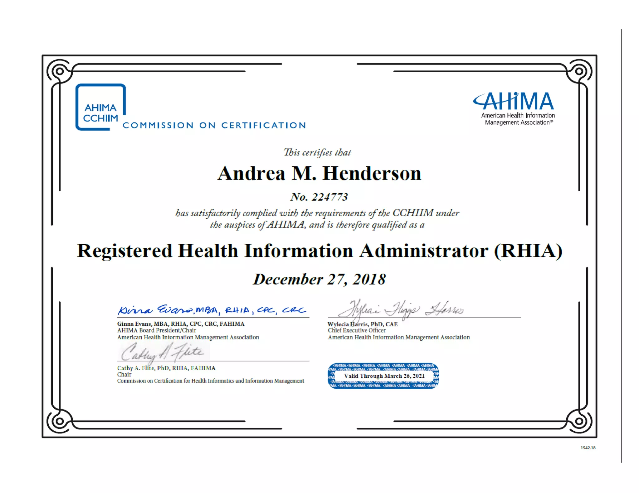 Henderson 2018 RHIA certification | PDF