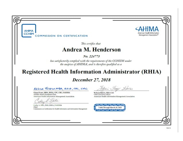 Henderson 2018 RHIA certification | PDF