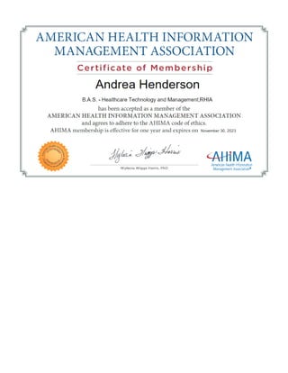 Henderson AHIMA Certificate of Membership | PDF