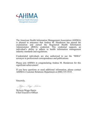 Henderson AHIMA RHIA Certification | PDF