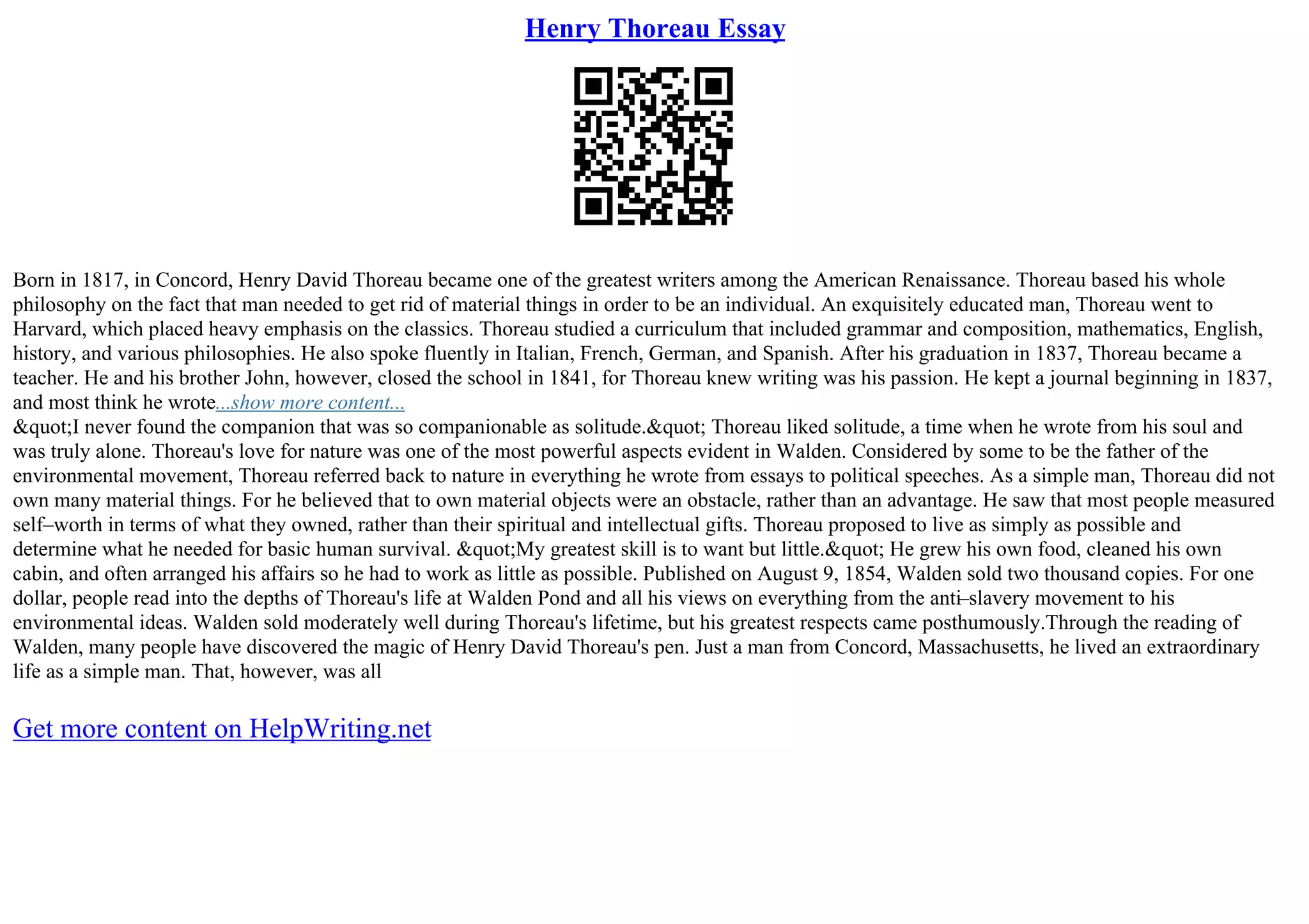 Henry Thoreau Essay | PDF