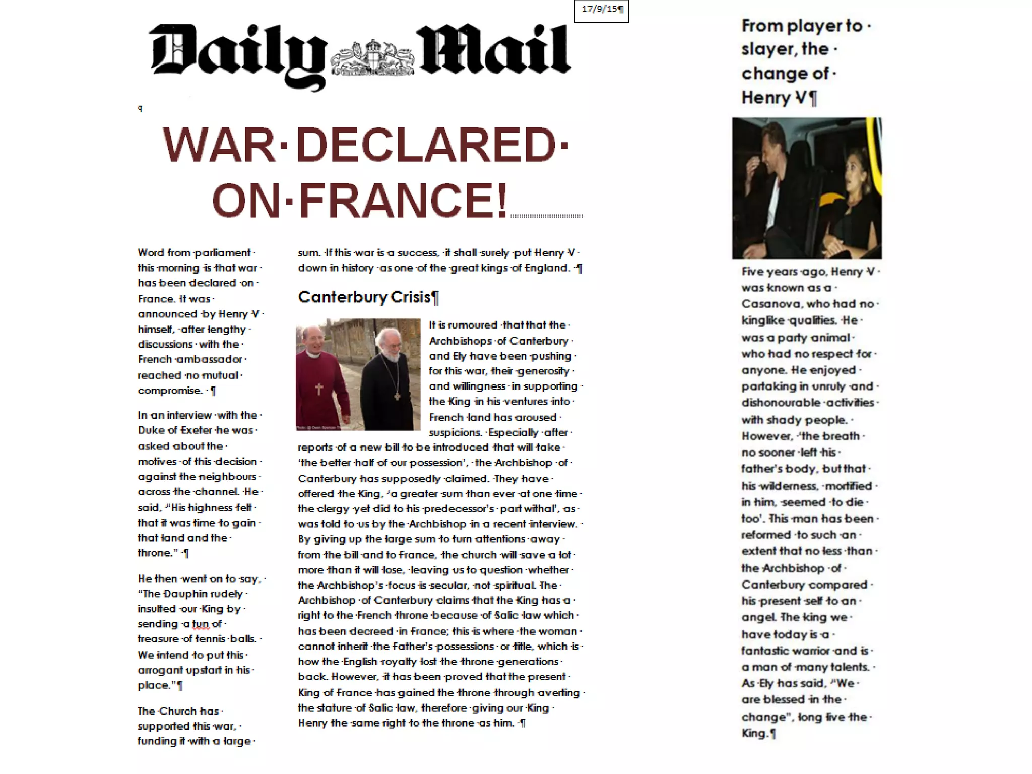 Henry V Newspaper Front Pages | PPTX