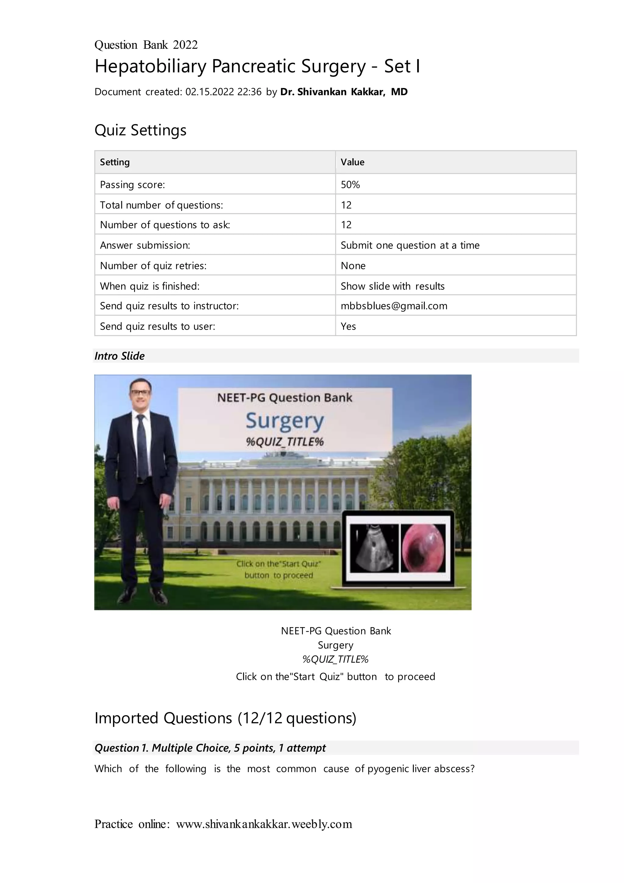 Hepatobiliary pancreatic surgery Set I Review | DOCX
