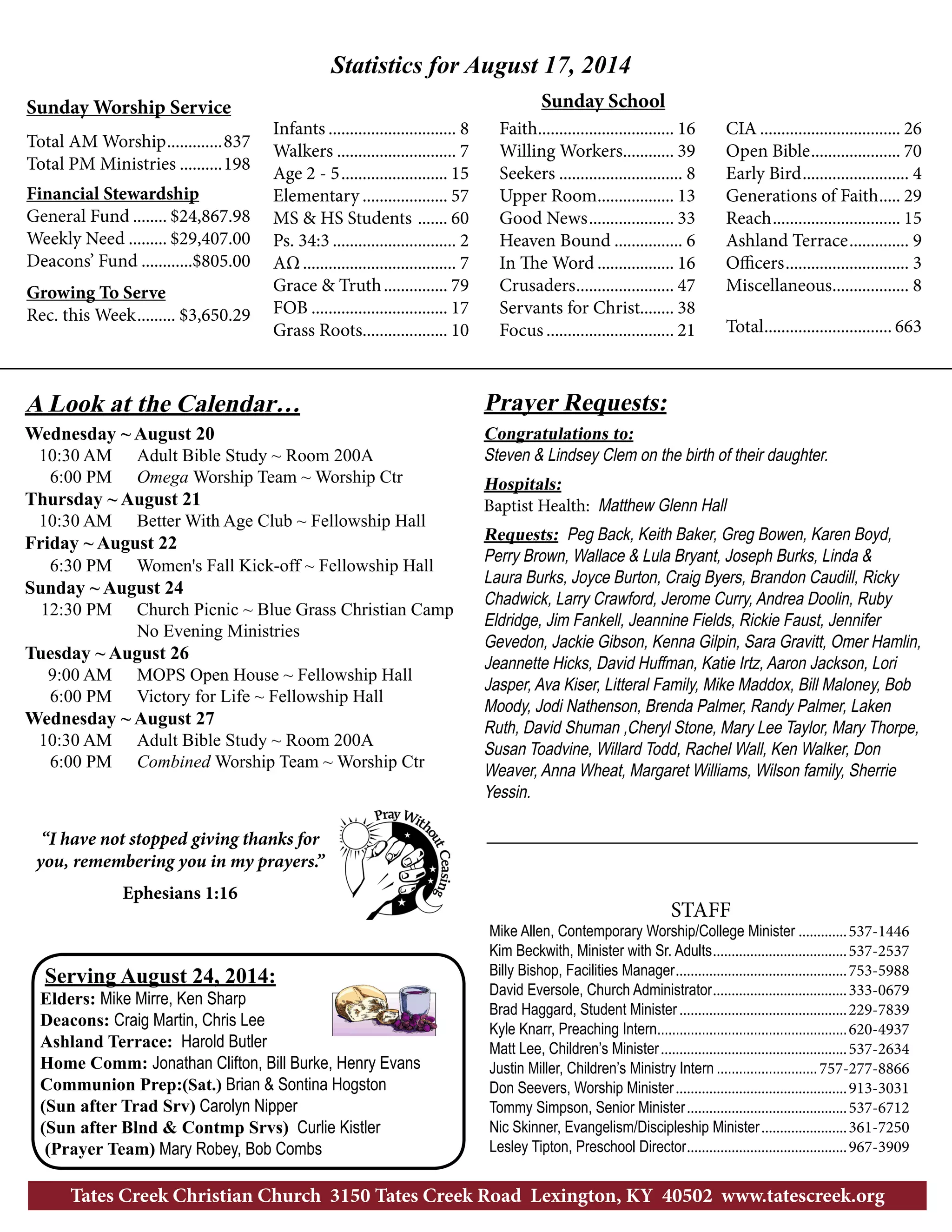 Tates Creek Christian Church weekly Herald for August 20, 2014 | PDF