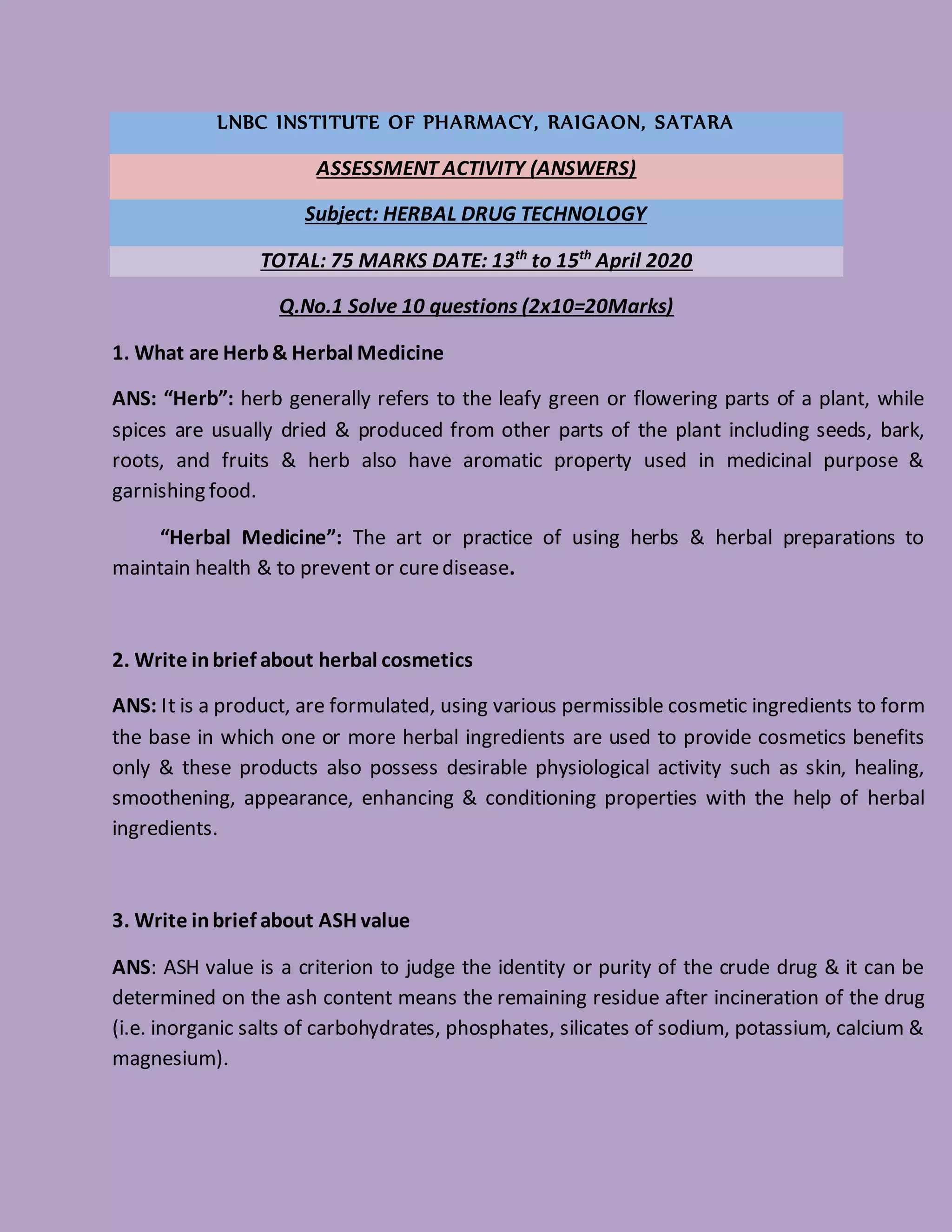 Herbal drug technology assessment activity answers | DOCX