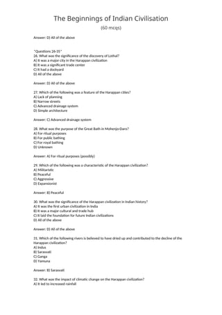 The Beginnings of Indian Civilisation 60 MCQs with answers | DOCX
