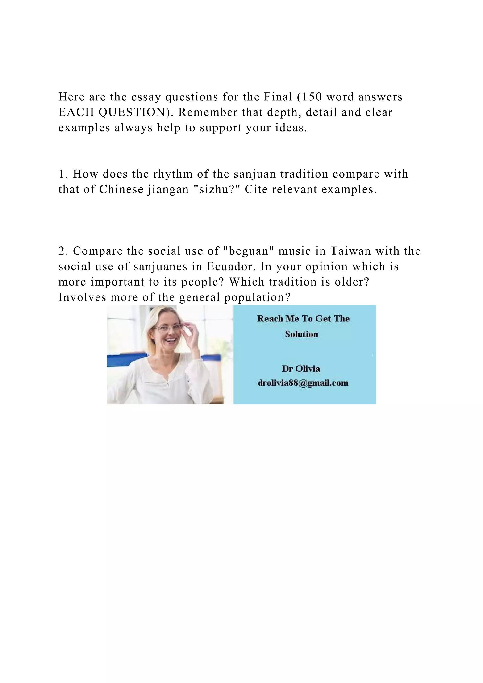 Here are the essay questions for the Final (150 word answers EACH .docx