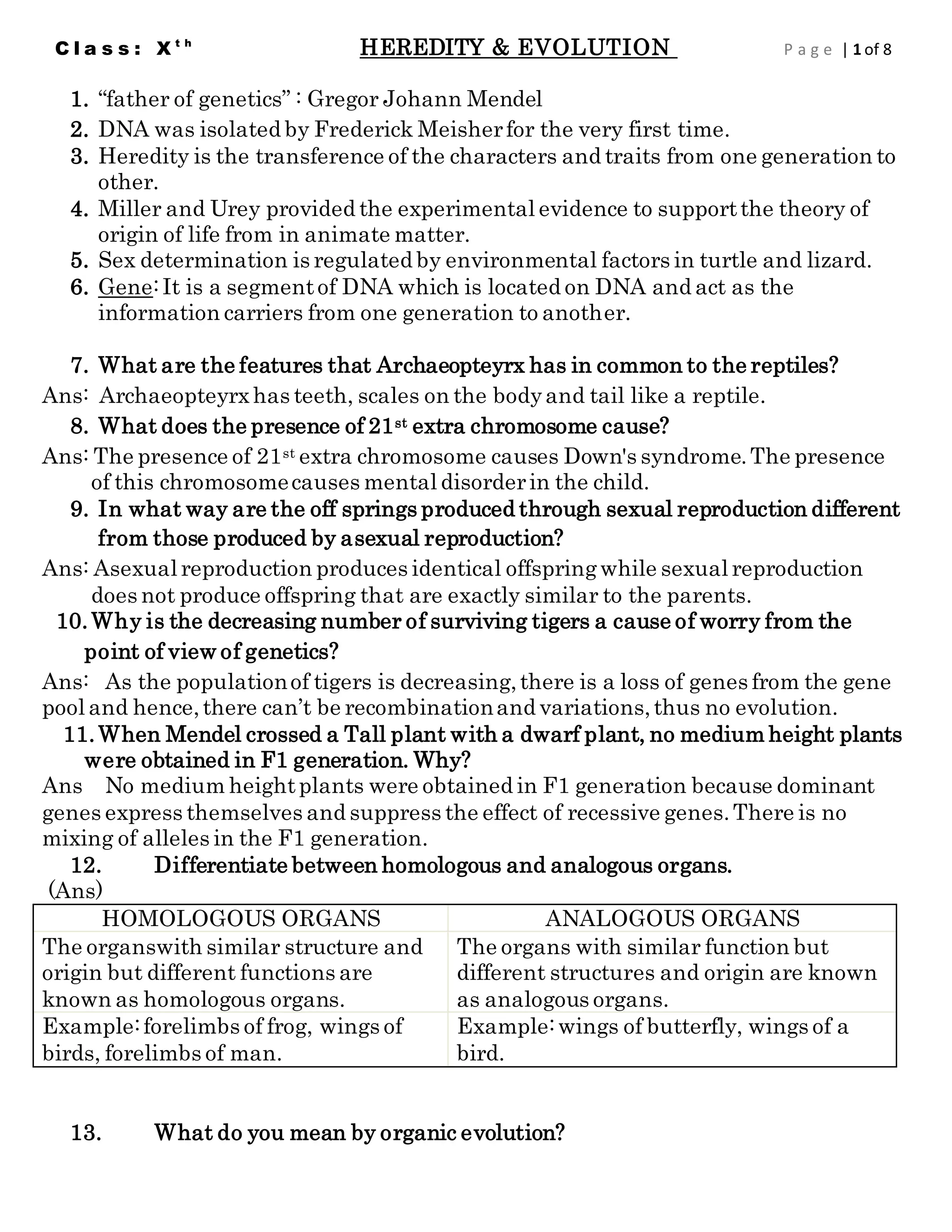 Heredity and evolution class 10th Questions | DOCX