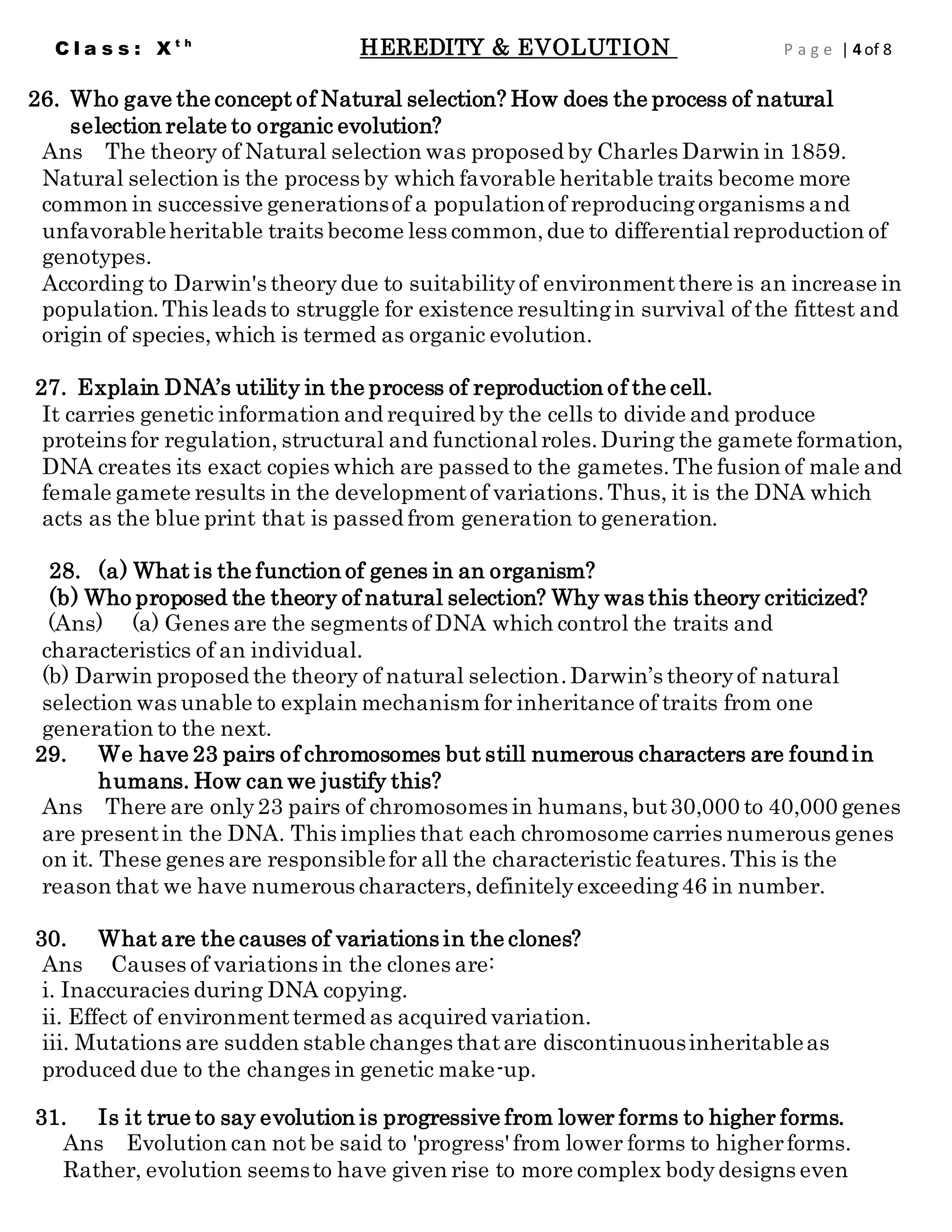 Heredity and evolution class 10th Questions | DOCX