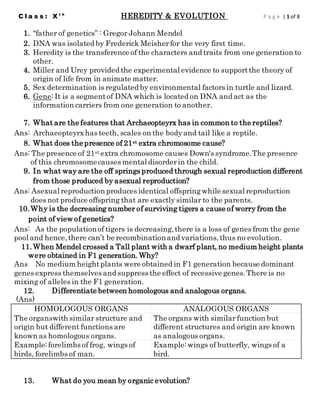 Heredity and evolution class 10th Questions | DOCX