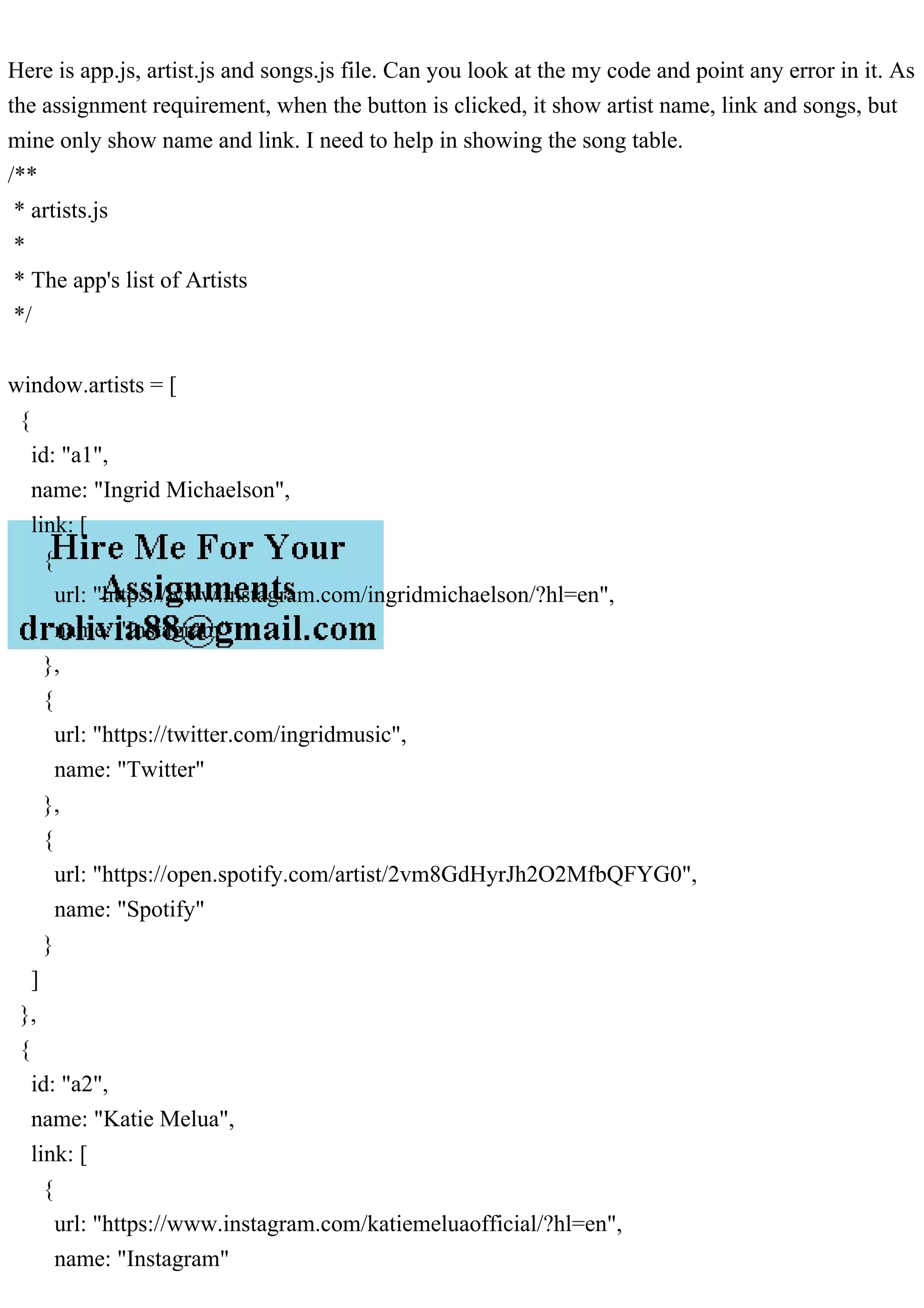 Here is app.js, artist.js and songs.js file. Can you look at the my .pdf