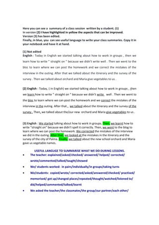 Here you can see a summary of a class session written by a student | DOC