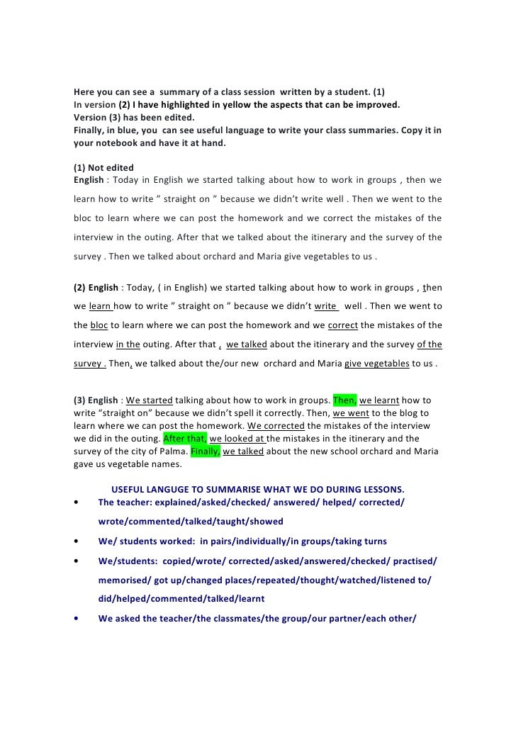 Here you can see a summary of a class session written by a student