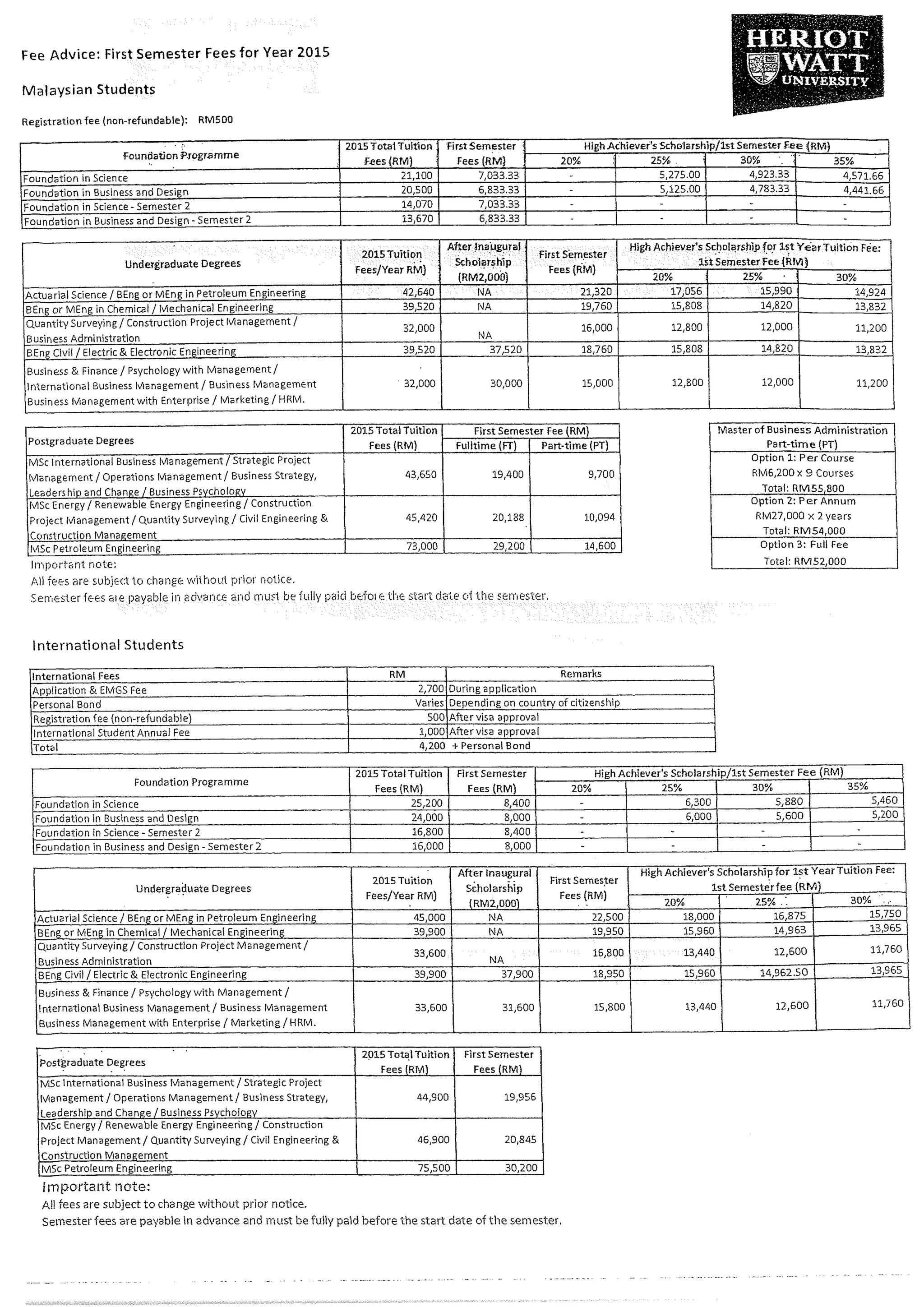 Heriot Watt Malaysia Fees 2015 | PDF