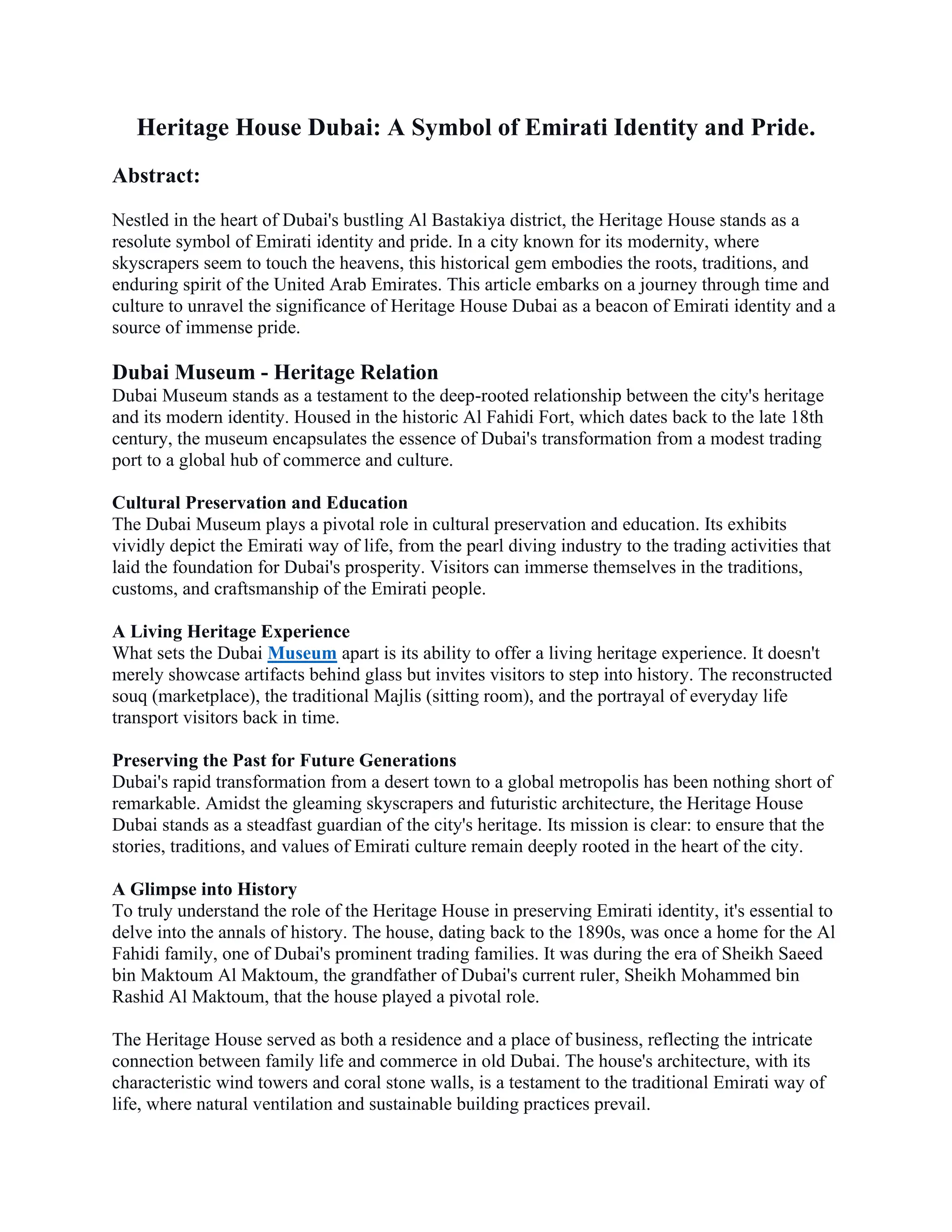 Heritage House Dubai: A Symbol of Emirati Identity and Pride. | PDF