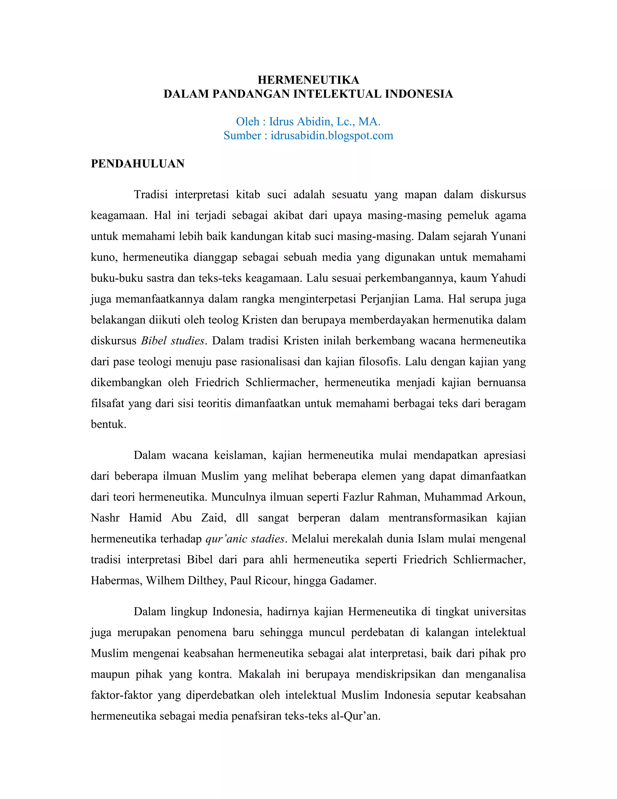HERMENEUTIKA DALAM PANDANGAN INTELEKTUAL INDONESIA | DOCX