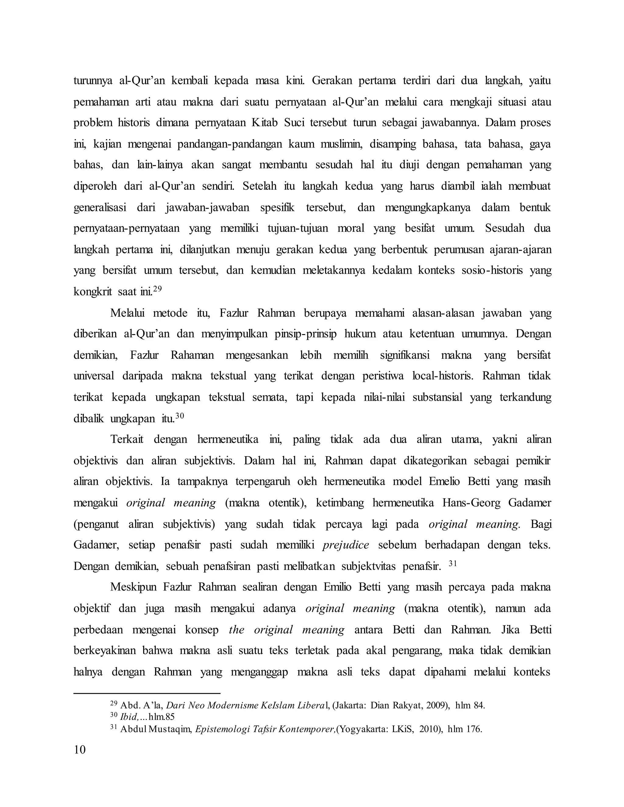 Hermenutik double movement fazlur rahman | DOCX