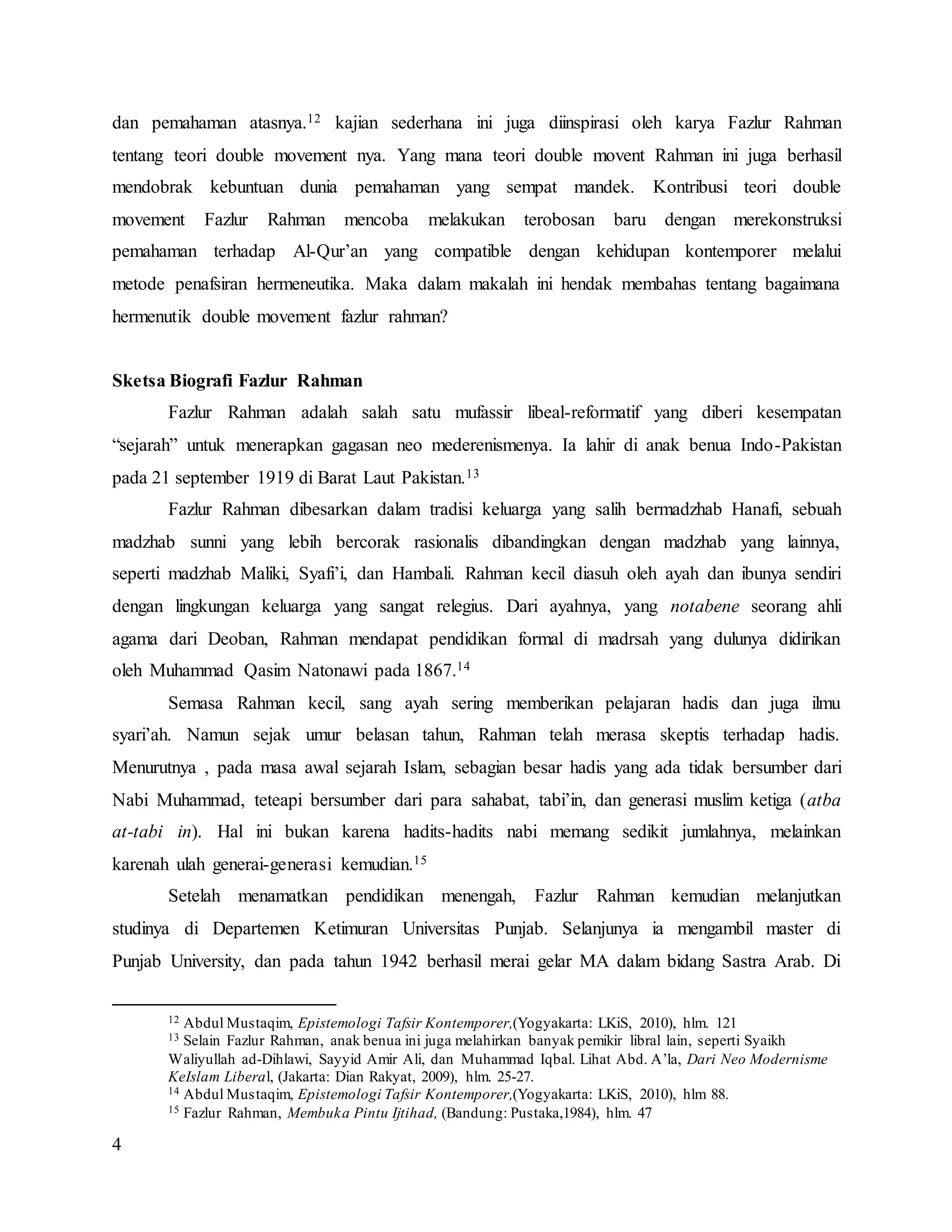 Hermenutik double movement fazlur rahman | DOCX