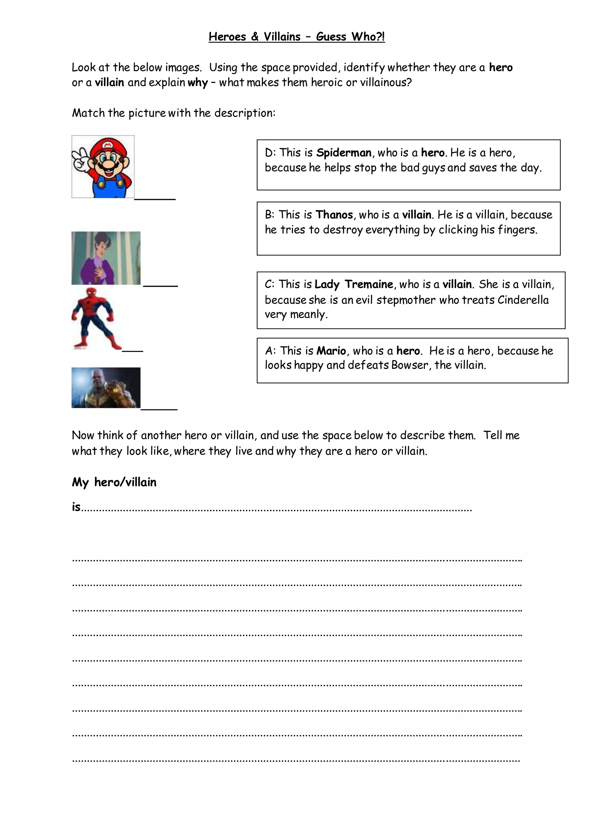 Heroes and villains worksheet | DOC