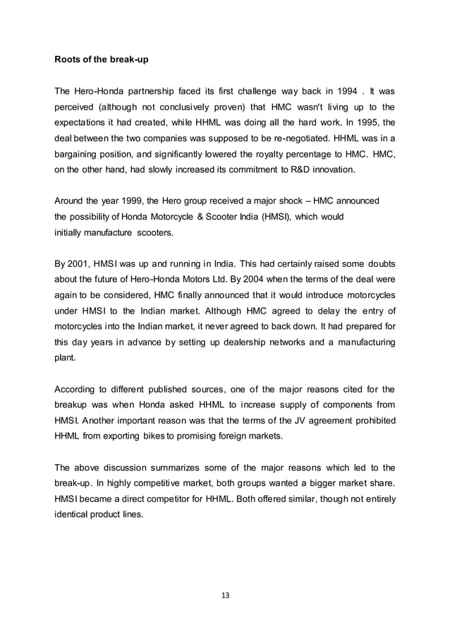 Hero honda joint venture and split | DOCX