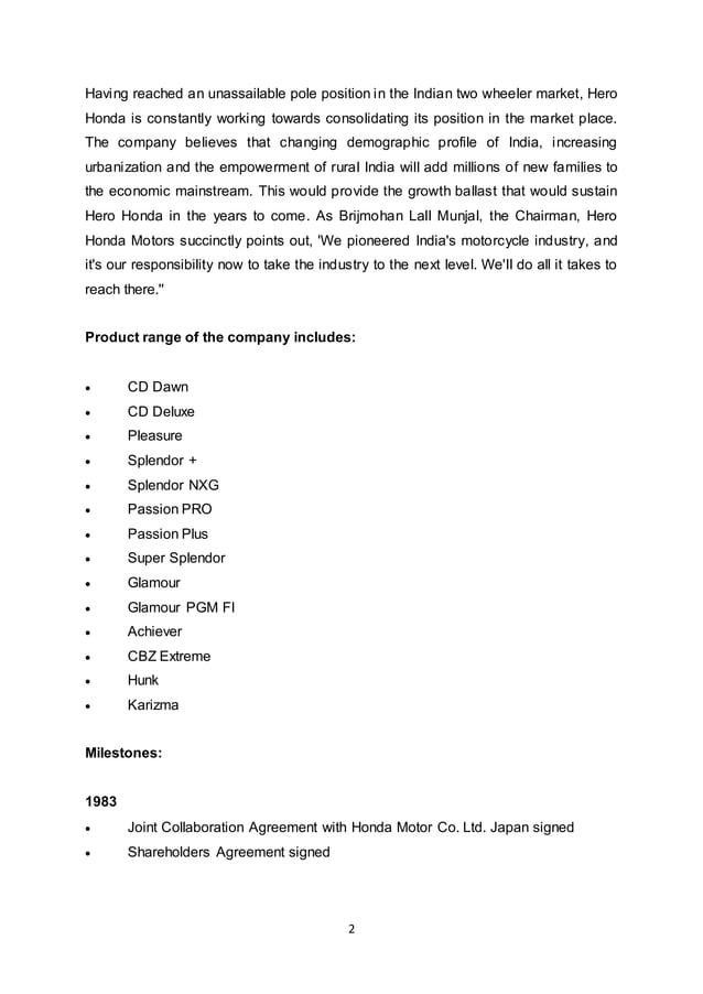 Hero honda joint venture and split | DOCX