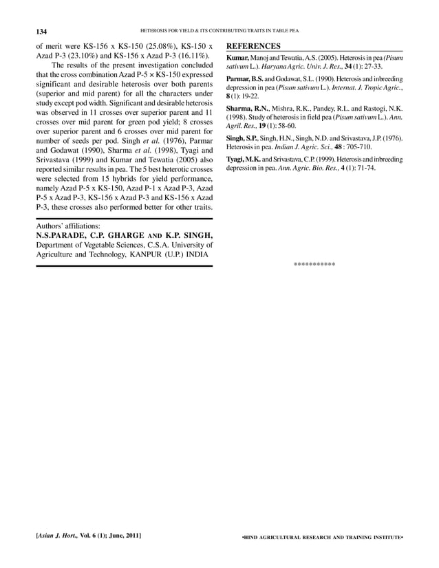 Heterosis For Yield And Its Contributing Traits In Table Pea Pisum