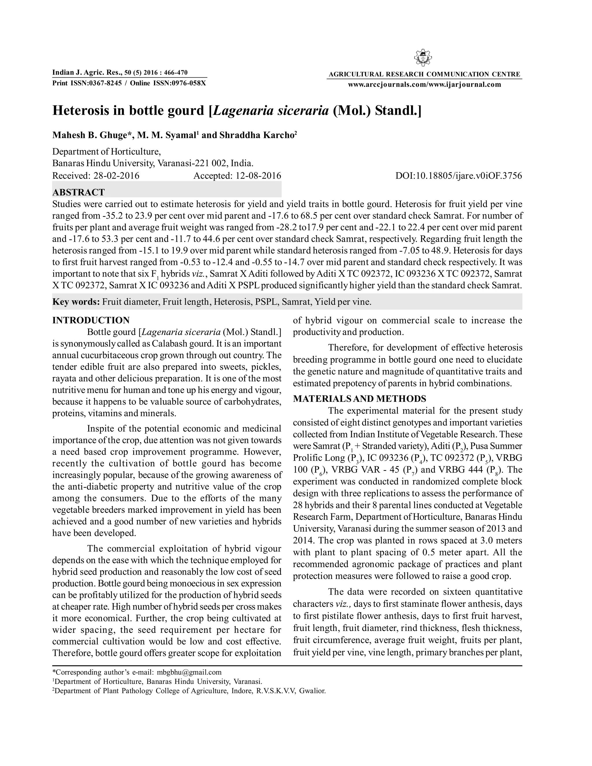 Heterosis in bottle gourd [lagenaria siceraria (mol.) standl.] | PDF