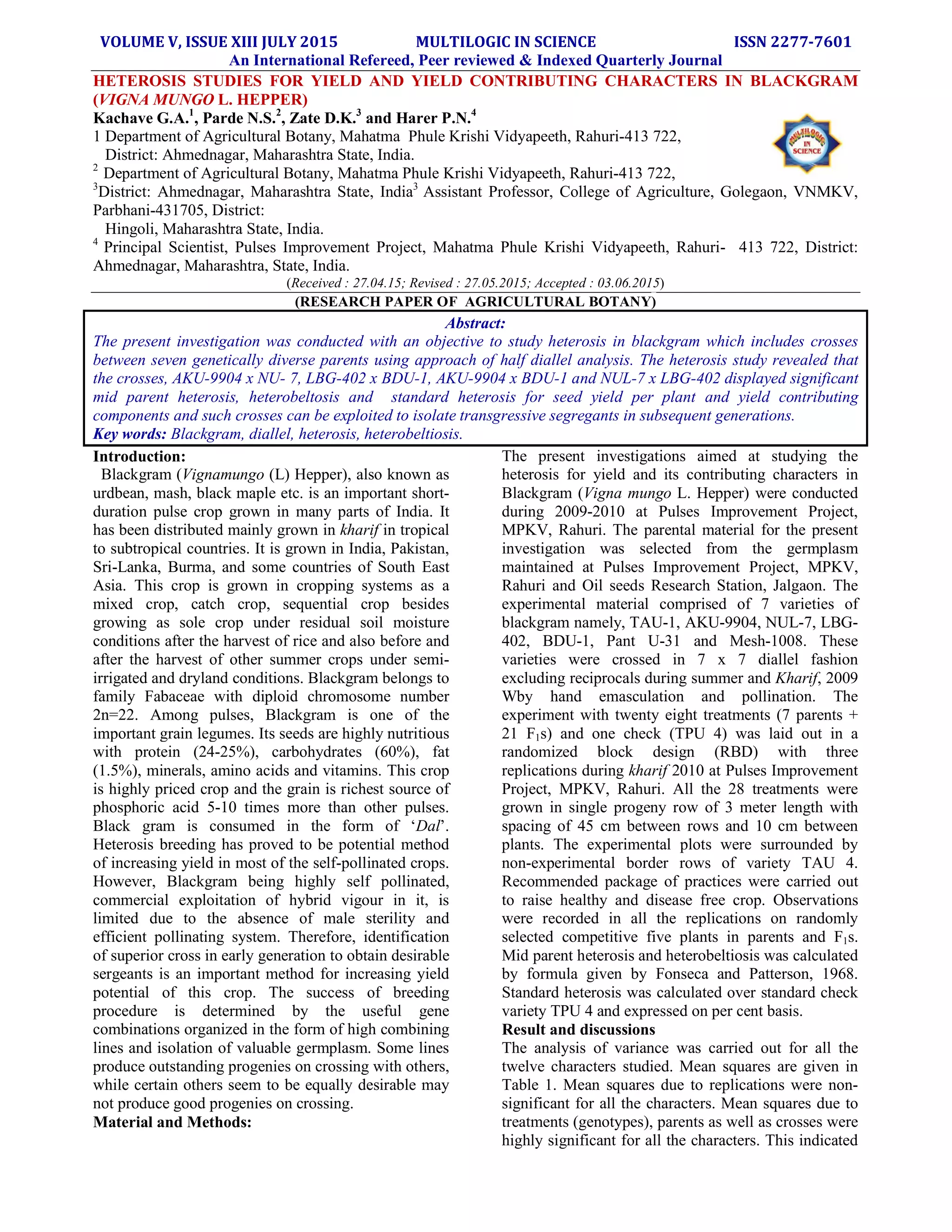 Heterosis studies for yield and yield contributing characters in blackgram | PDF