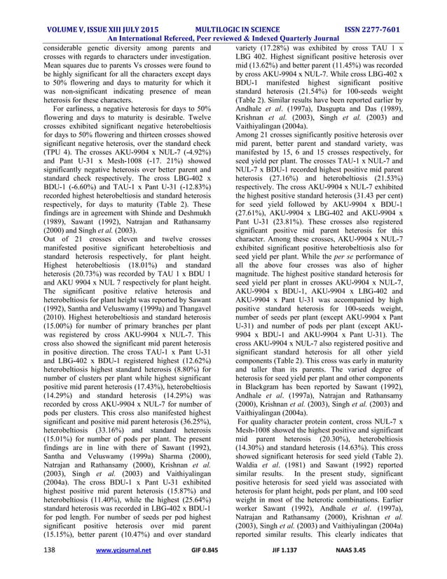 Heterosis studies for yield and yield contributing characters in blackgram | PDF