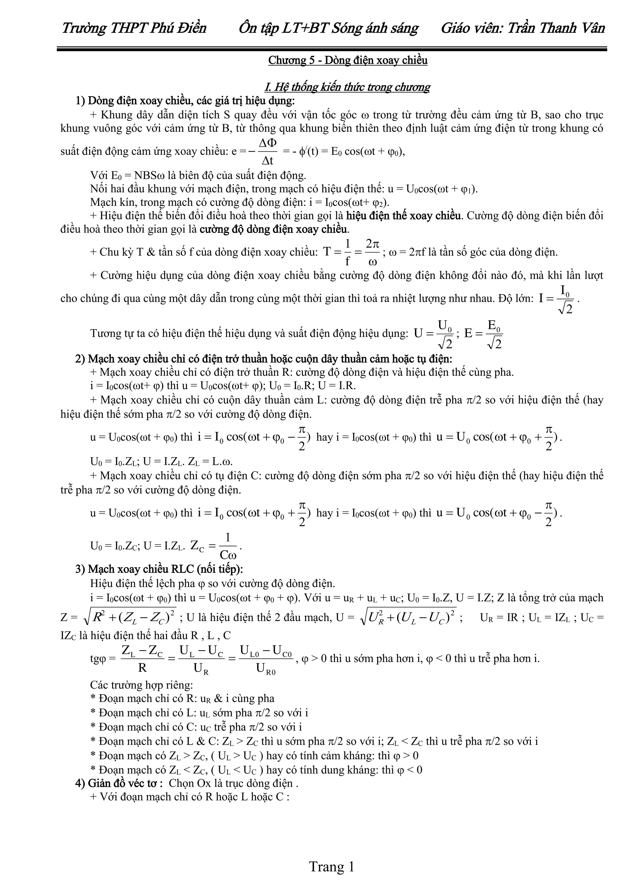 Hệ thống kiến thức điện xoay chiều | PDF