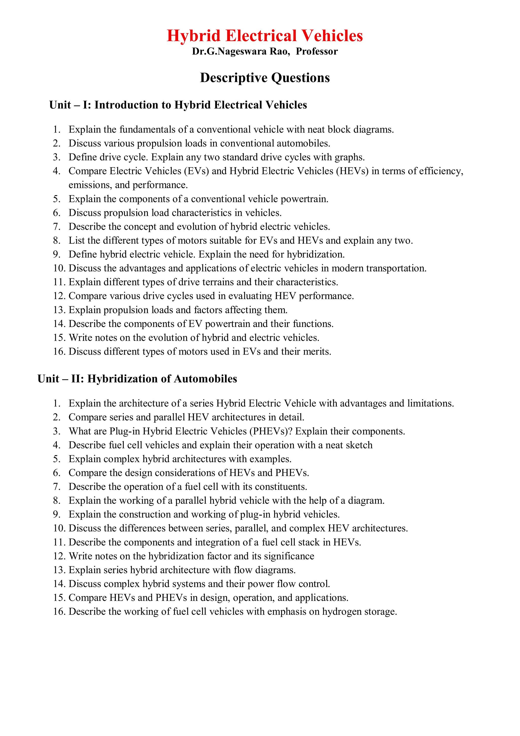 Hybrid Electric Vehicles Descriptive Questions | PDF