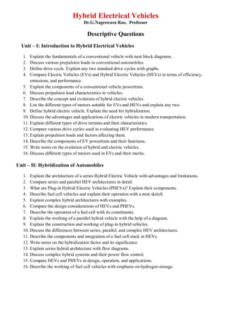 Hybrid Electric Vehicles Descriptive Questions | PDF