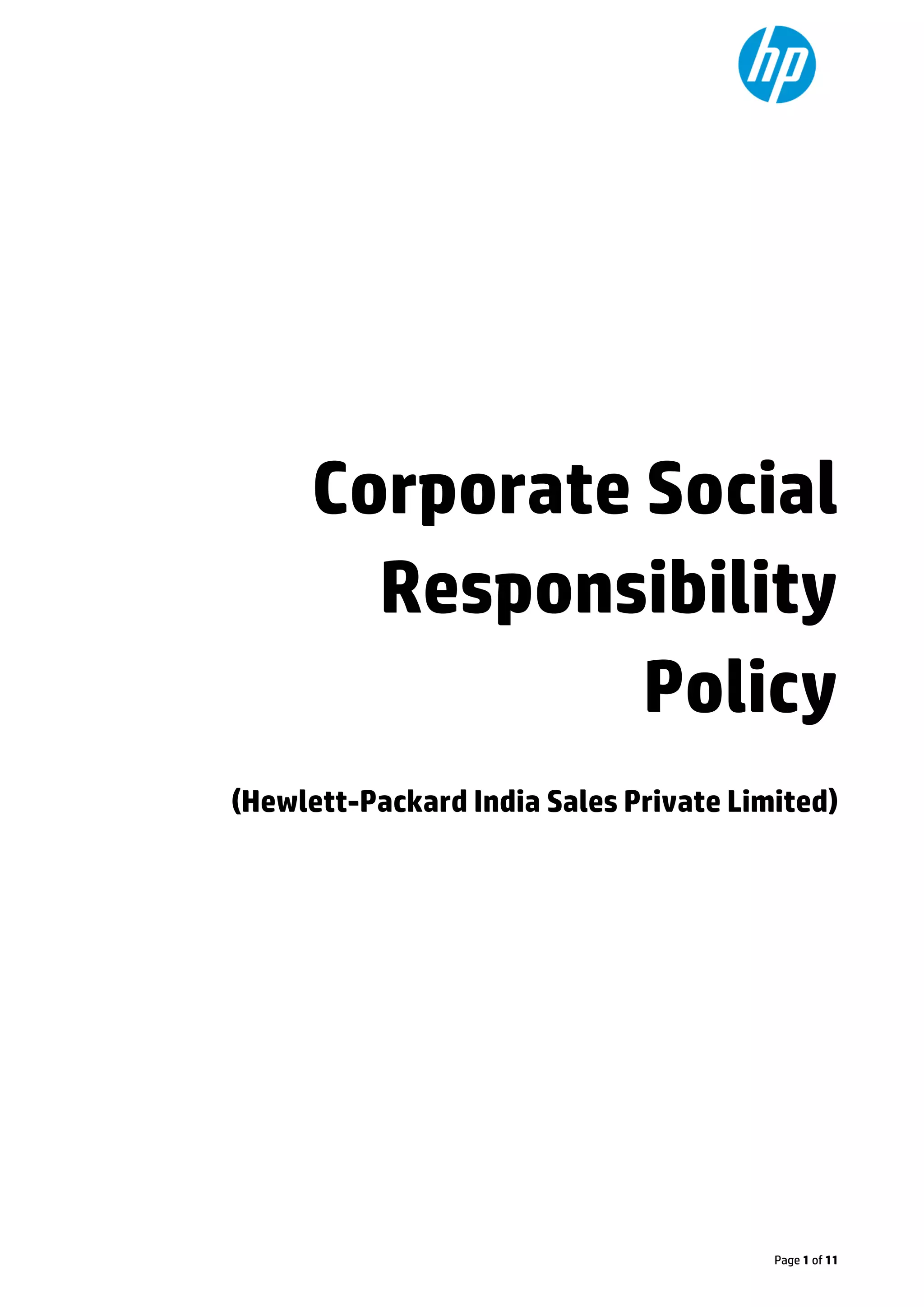 Hewlett Packard India- CSR Policy | PDF