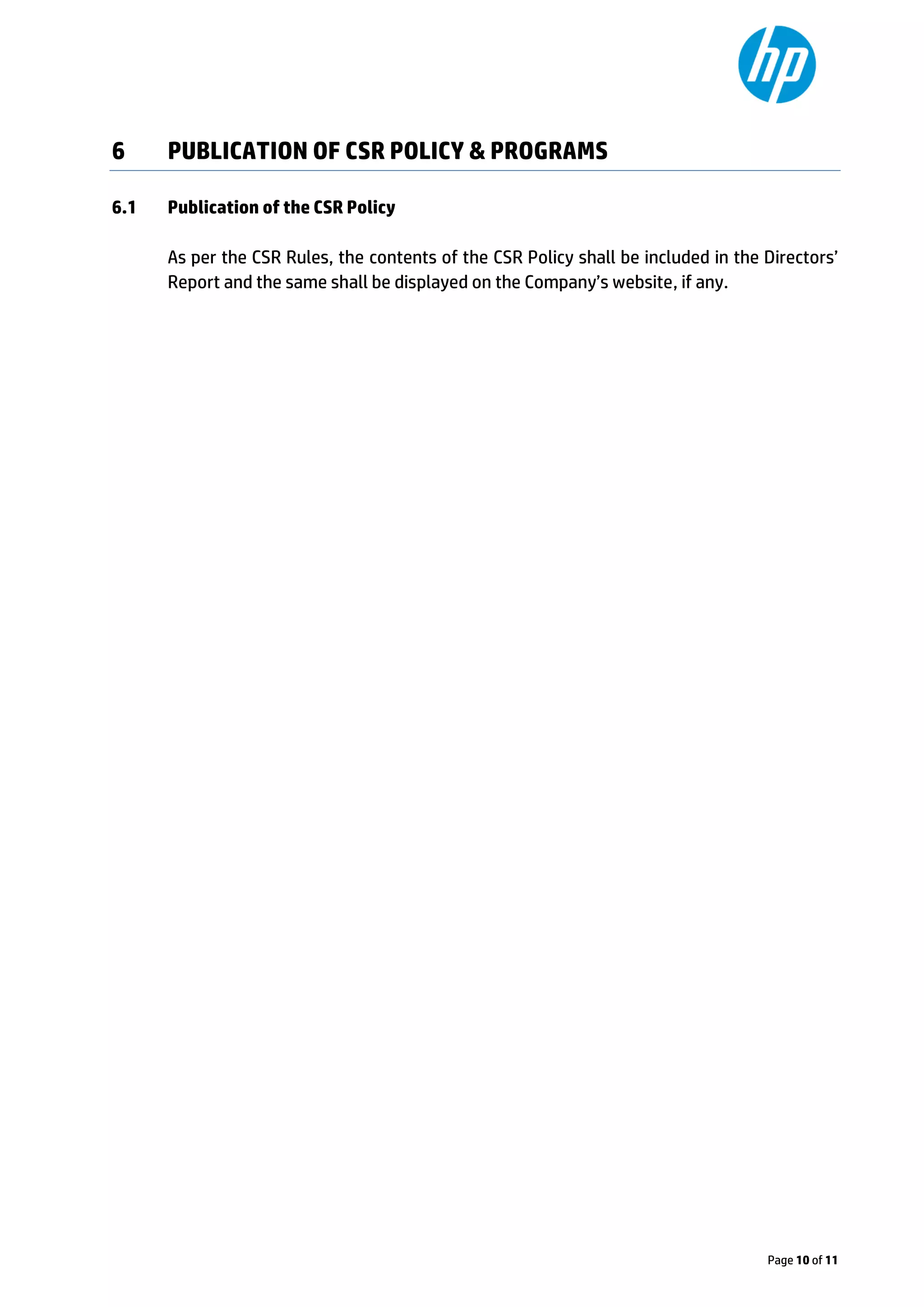 Hewlett Packard India- CSR Policy | PDF