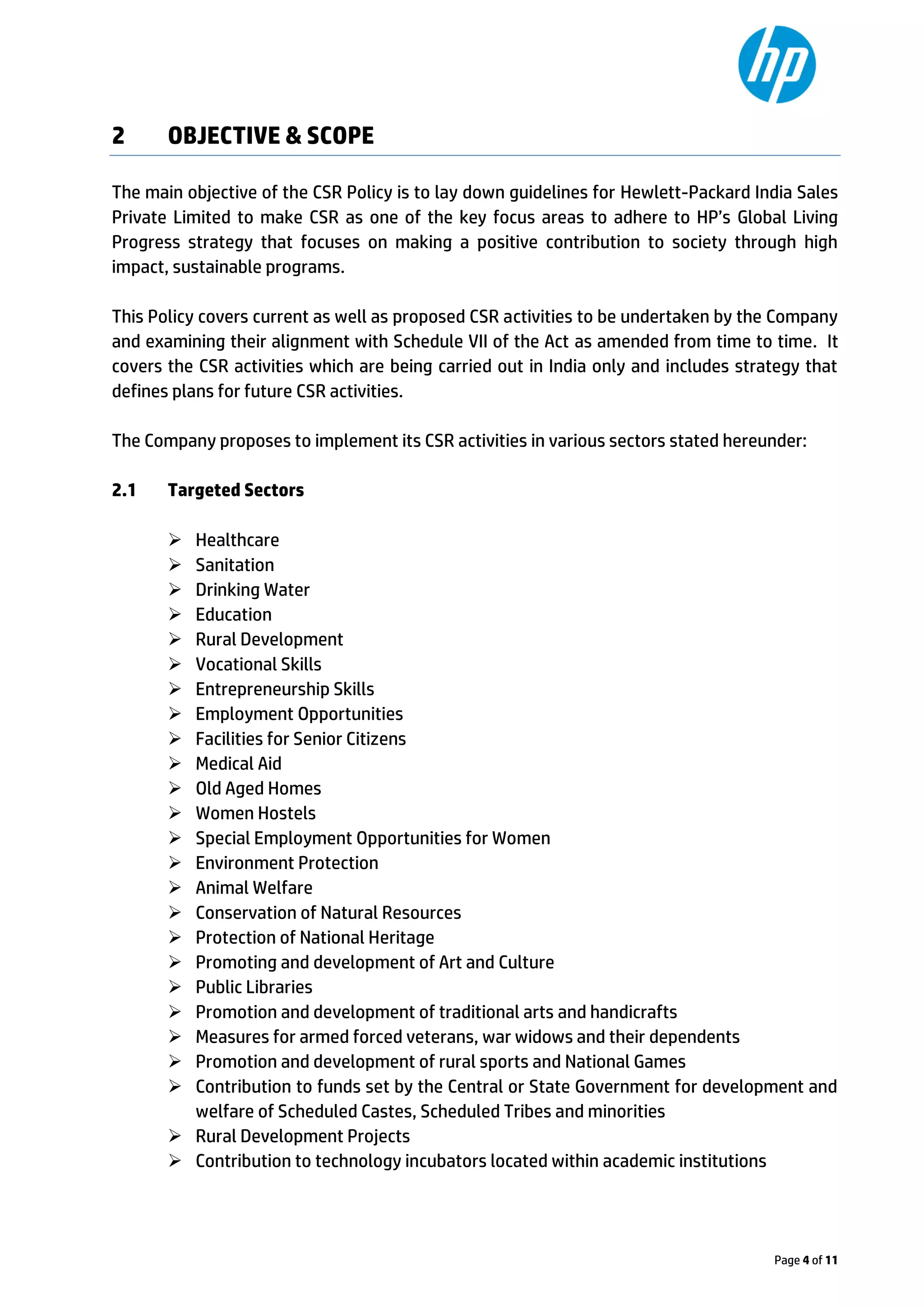 Hewlett Packard India- CSR Policy | PDF